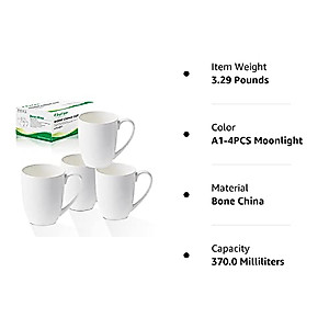 Upscale Coffee Mugs Set of 4, Fine Bone China Coffee Cups 12 OZ, Over 45% Bone Content Coffee Mugs for Women and Men, Lightweight White Ceramic Coffee Mug Gift Sets (Moonlight)