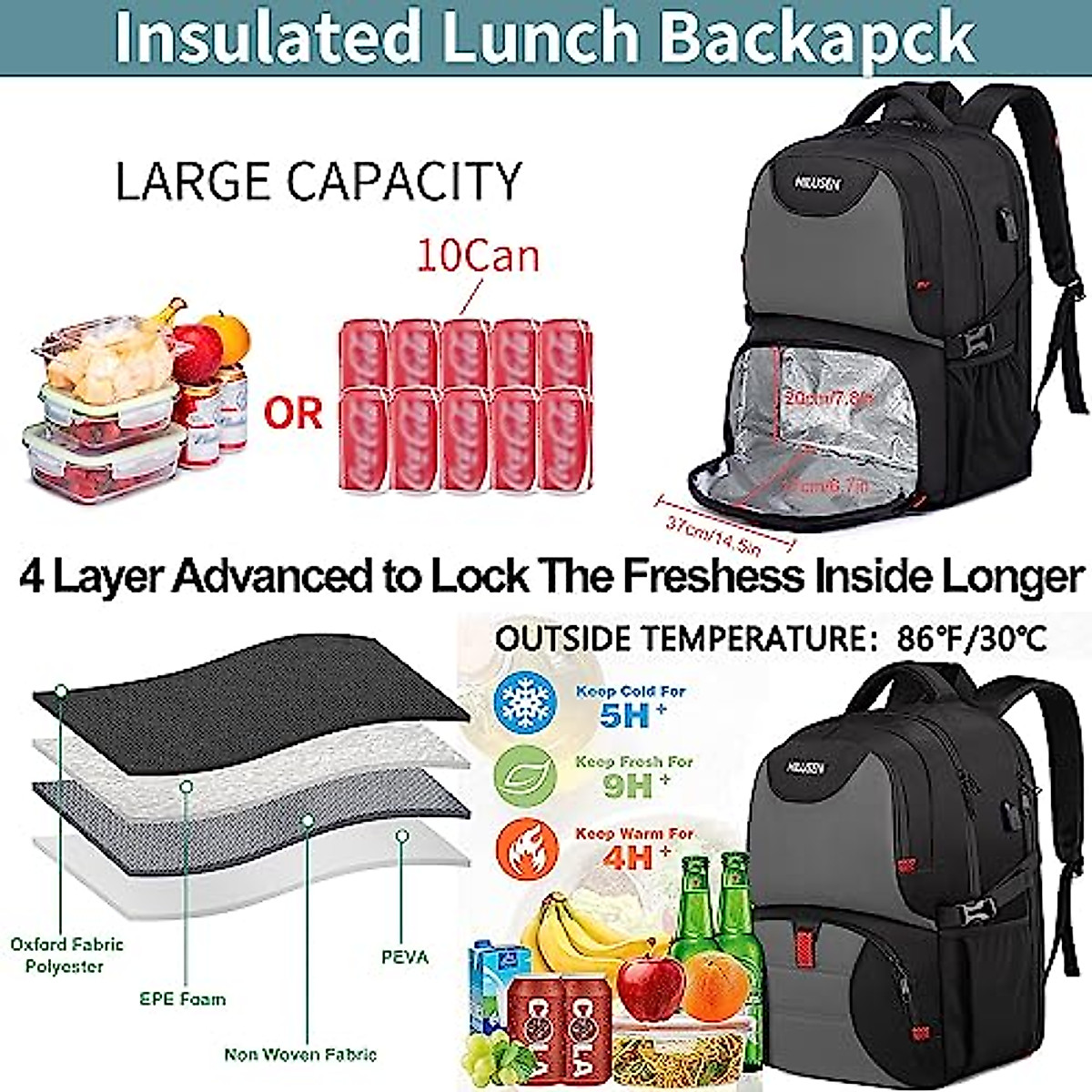 Lunch Bag Backpack, Insulated Cooler Lunch Box Backpack, Extra Large 17inch Travel Laptop Backpack 50L with USB Charging Port, Water Resistant Big work Backpack for Men Women , Grey