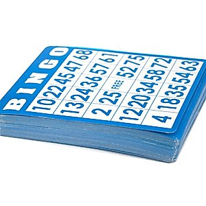 50-Pack Blue Reusable Bingo Cards with Unique Numbers for 50 Players - Family Bingo Game Accessories - Use with Clear Chips