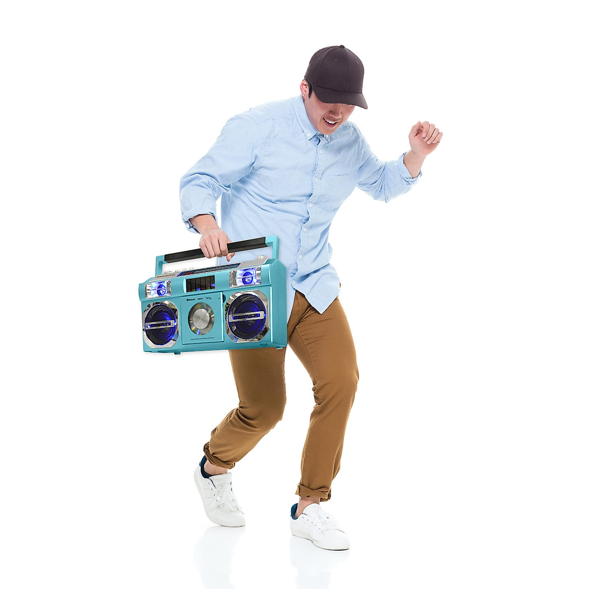 Studebaker Vintage Aqua Turquoise 80's Retro Street Bluetooth Wireless Streaming Boombox Rechargeable Battery, CD/MP3 Player, AM/FM, USB, Multi Color LED EQ, Full-Range High Bass Speakers & AC/DC -