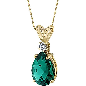 PEORA 14K Yellow Gold Created Emerald with Genuine Diamond Pendant for Women, Elegant Teardrop Solitaire, Pear Shape, 10x7mm, 1.75 Carats total