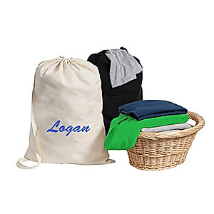 Custom Cotton Laundry Bags - Add Your Embroidered Name or Monogram - Personalized Large Drawstring Washable Hamper Tote for College, Dorms, Bathroom Organizer, Travel