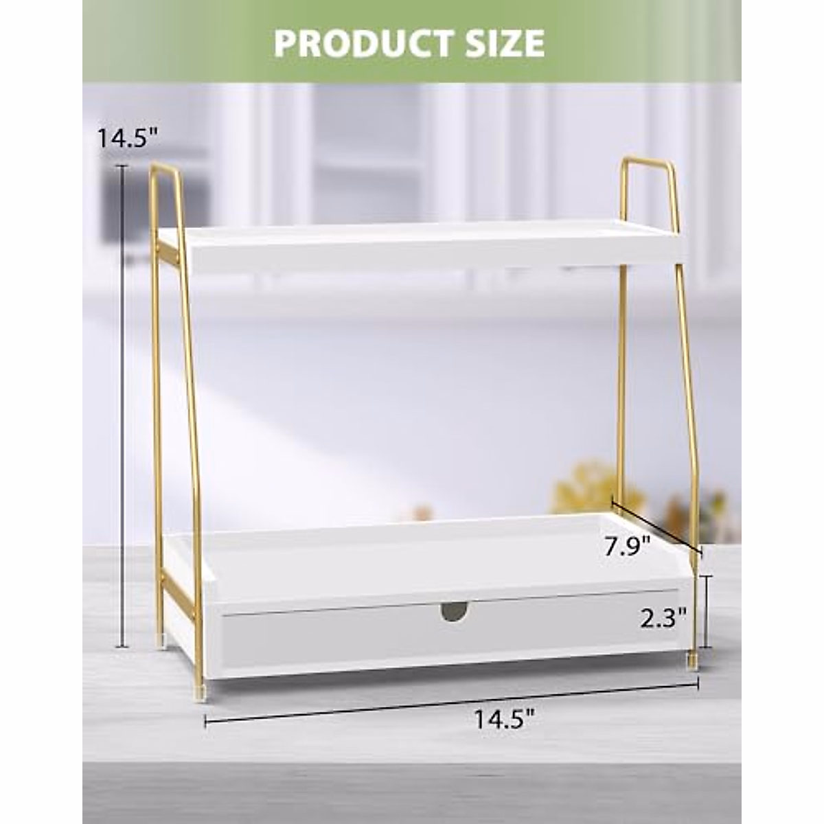 MONVANE 2-Tier Bathroom Organizer Countertop - Solid Wood Bathroom Counter Organizer with Drawer, Simple Standing Vanity Tray for Bathroom Organization and Bathroom Storage (White and Gold)