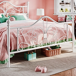 SHA CERLIN Full Size Bed Frame with Headboard,Metal Bed Frame with Butterfly Pattern Design Headboard & Footboard,No Box Spring Needed,Easy Assembly,White