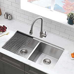 33 Inch Undermount Double Bowl Kitchen Sink Workstation- Wesliv 33x19 Stainless Steel Undermount Kitchen Sink 50/50 Low Divide Double Bowl Kitchen Sink 16 Gauge Deep Ledge Workstation Sink
