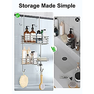 SMARTAKE Shower Caddy Over The Door, Stainless Steel Bathroom Shelf Organizer, Rustproof Wall Rack with Hooks, Razors Towels Shampoo Organizer for Dorm, Toilet, Bath and Kitchen, Silver