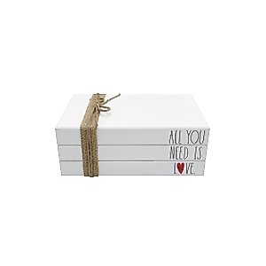 Rae Dunn Faux Decorative Books with Written Messages - White Distressed Wood Decoration for Old Vintage, Antique, Farmhouse, Boho Designer Style - Book Ends, Book Shelf Decor Items, Door Stopper