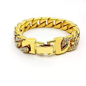 Aiyo Nice Mens Womens Cuban Link Bracelet Hip Hop Bracelet Gold Chain Bracelet Iced Out Curb Cuban 18k Gold Plated Bracelet With Clear Rhinestones (A-Gold-7.79in)