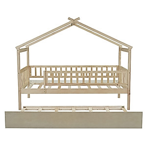Twin Size House Bed with Trundle, Wooden Playhouse Kids Bed Frame with Roof and Fence, Montessori Style Bed with Guardrails for Kids, Teens, Boys, Girls, Natural.