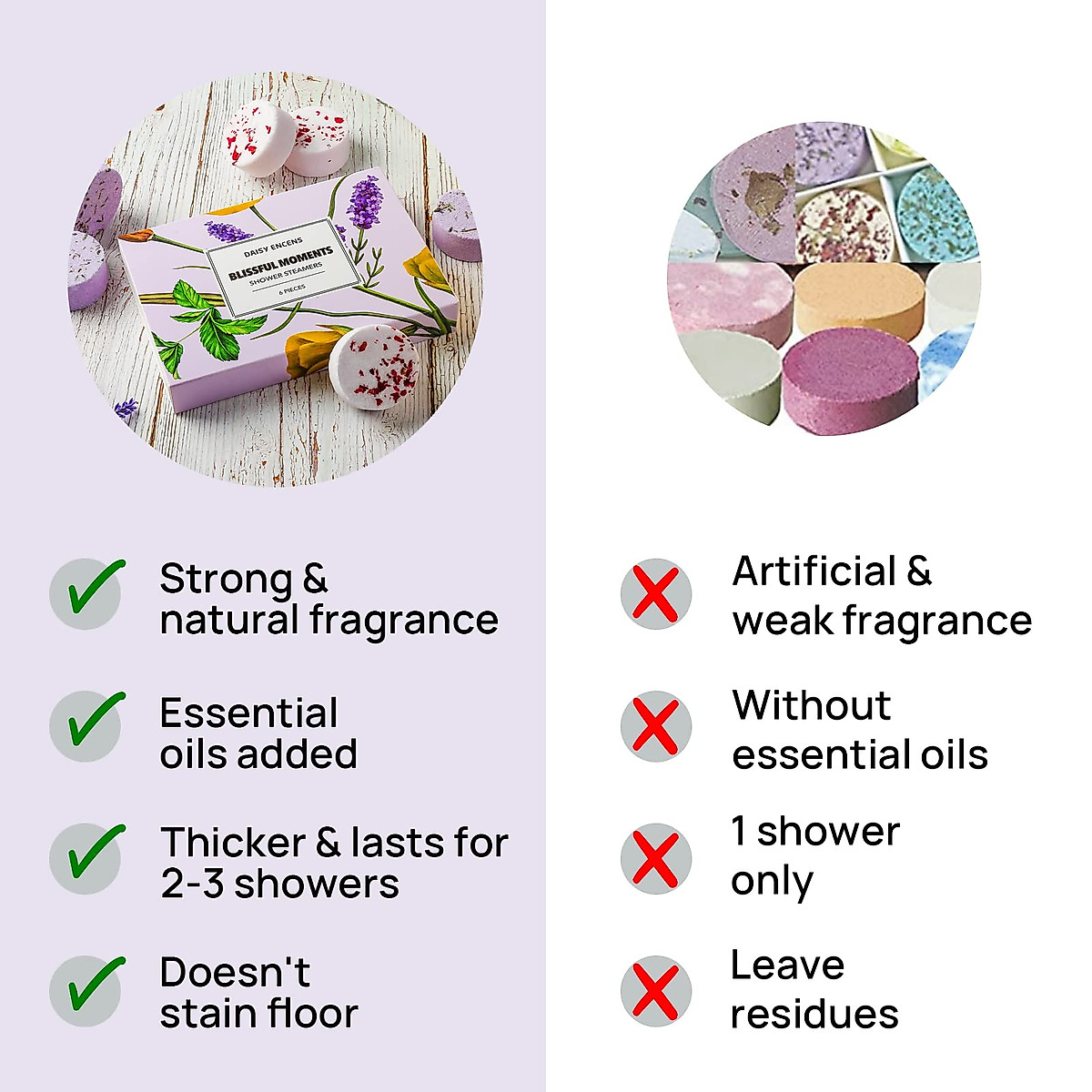 DAISY ENCENS Aromatherapy Shower Steamers for Home Spa Relaxation, 6 Pack Shower Bath Bombs with Pure Essential Oils, Moisturizes Skin, Self Care and Pampering Gifts for Her, Lavender, Rose