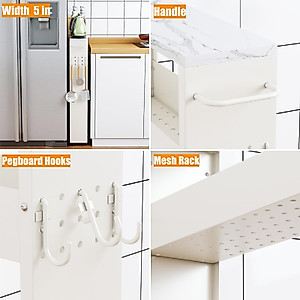 XYZLVSI Slim Storage Cart, 5 in Width, 4-Tier White Rolling Cart with Handle & Wooden Top for Kitchen Bathroom Laundry Narrow Places