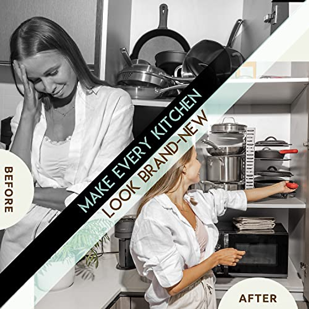 GeekDigg Pot Rack Organizer, Adjustable Height and Position Pots and Pan Rack, Kitchen Counter and Cabinet Pan Organizer Shelf Rack/Pot Lid Holder with 3 DIY Methods - Silver