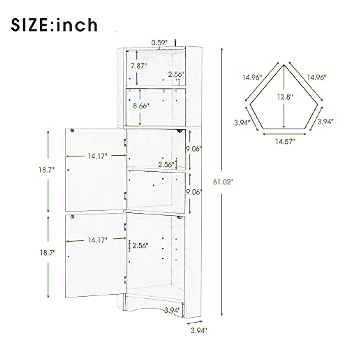 Lifeand Tall Bathroom Corner, Freestanding Doors and Adjustable Shelves, 61.02" H Triangle Storage Cabinet, Black
