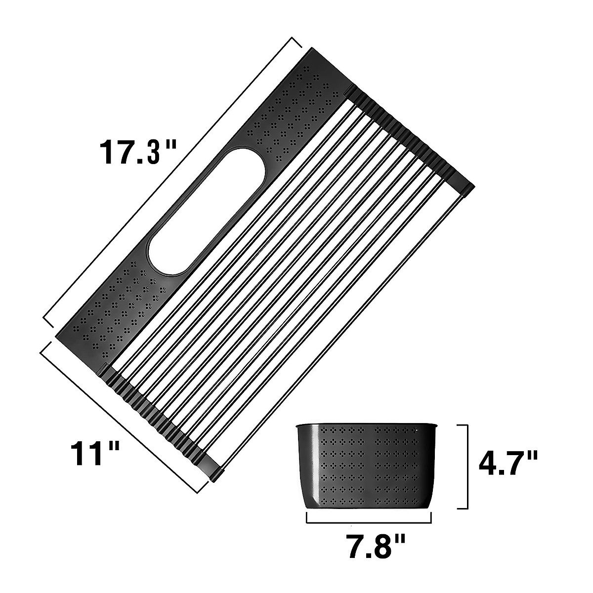 koroda Roll Up Dish Drying Rack Over The Sink: SUS304 Stainless Steel Dish Drainer with Utensil Holder for Kitchen Sink (17.3" × 11", Black)