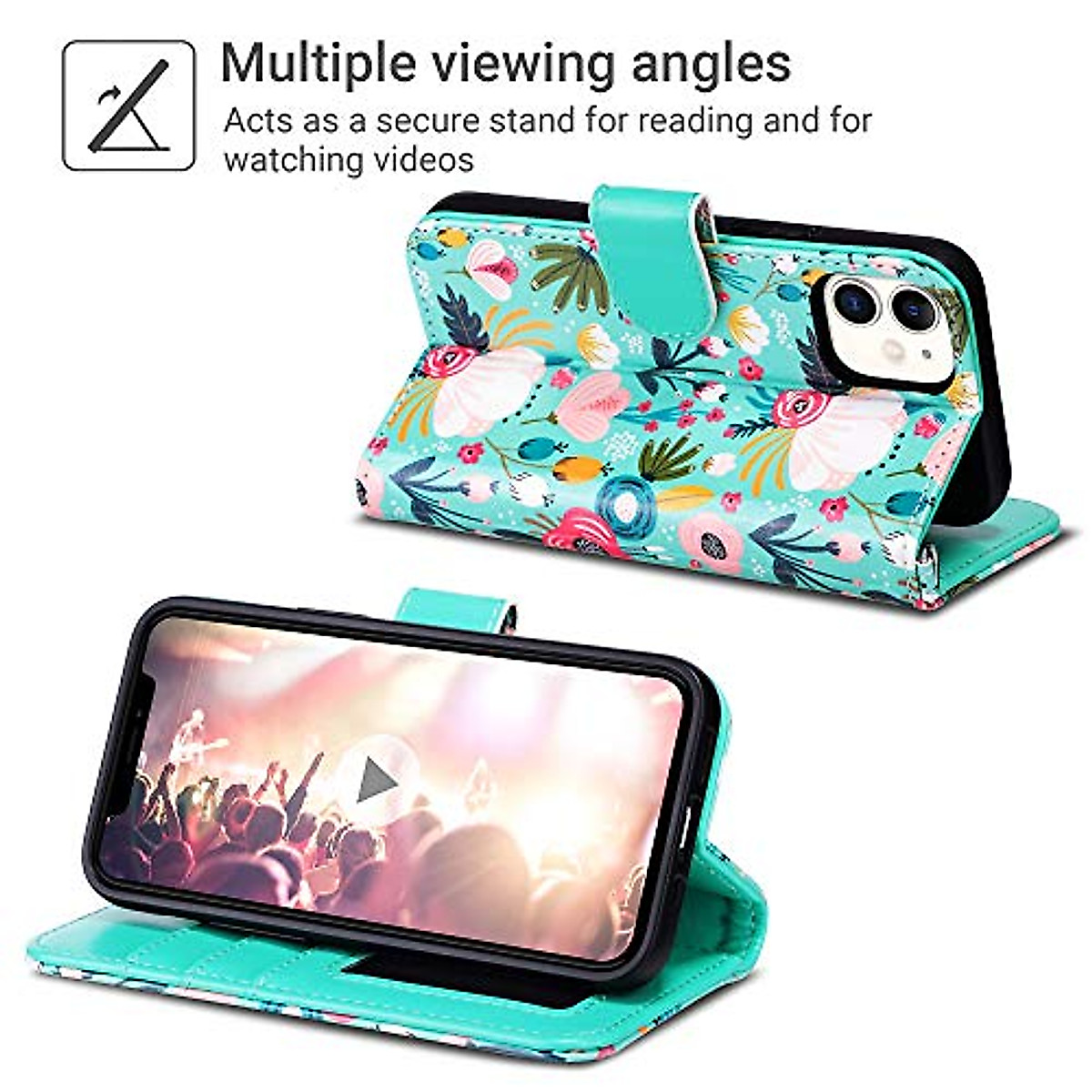 ULAK Compatible with iPhone 12 Mini Wallet Case with Card Holders for Women, Designed PU Leather Flip Wallet with Kickstand Card Slot, Protective Phone Cover for iPhone 12 Mini, 5.4inch, Mint Flower