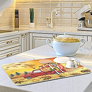 Autumn Truck Dish Drying Mat 18x24 inch Fall Leaves Pumpkin Sunflower Drying Pad Dish Drainer Mat Protector for Kitchen Countertops Counter