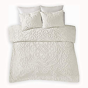 Madison Park Laetitia Comforter Bohemian Tufted Cotton Chenille, Medallion Shabby Chic All Season Down Alternative Bed Set with Matching Shams, Floral Off White King/Cal King(104"x92") 3 Piece