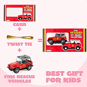 JOYIN 28 Packs Valentines Day Cards with DieCast Fire Rescue Vehicles Toys for Kids Valentine Party Favor, Classroom Exchange Prize and Gifts for Boys, Valentine’s Greeting Cards