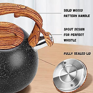 KIAADSY Tea Kettle, 3L Whistling Tea Kettle Stovetop, Tea Pots for Stove Top Food Grade Stainless Steel with Wood Pattern Handle, Graphite Gray Teapot