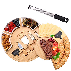 FITNATE Cheese Board Set Round Charcuterie Boards with Cheese Grater, Bamboo Swivel Cheese Cutting Board and Knife Set Cheese Serving Platter for Thanksgiving Day, Christmas, Family Gatherings