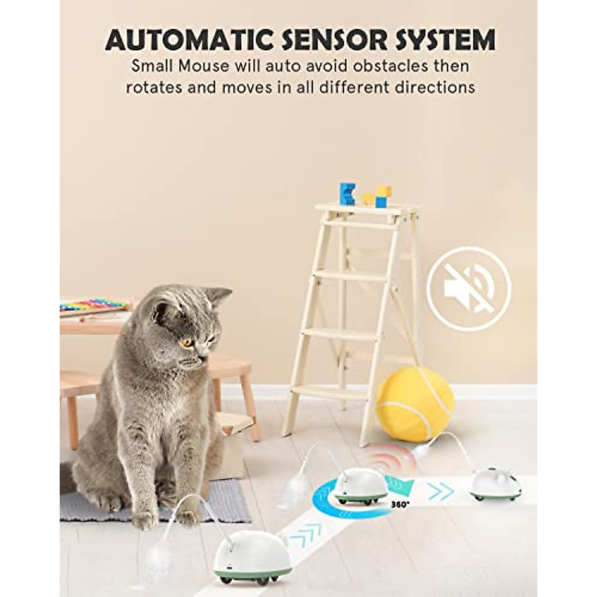 Bumfey 4-in-1 Automatic Cat Mice Toys for Indoor Cats, Interactive Electric Moving Cat Toys with Feather, LED Lights, Bird Sound, Laser, Smart Kitten Toys for Pet Exercise Playing