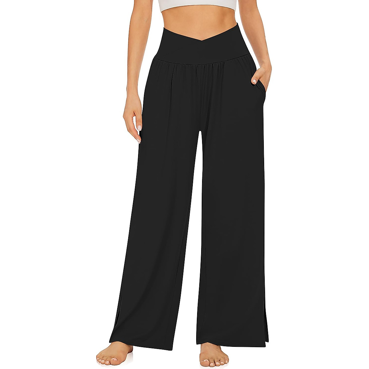 UEU Women Yoga Pants Wide Leg Comfy Loose Lounge Pajama Flowy Pants Pockets Casual Sweatpants Crossover High Waisted(Black, X-Large)