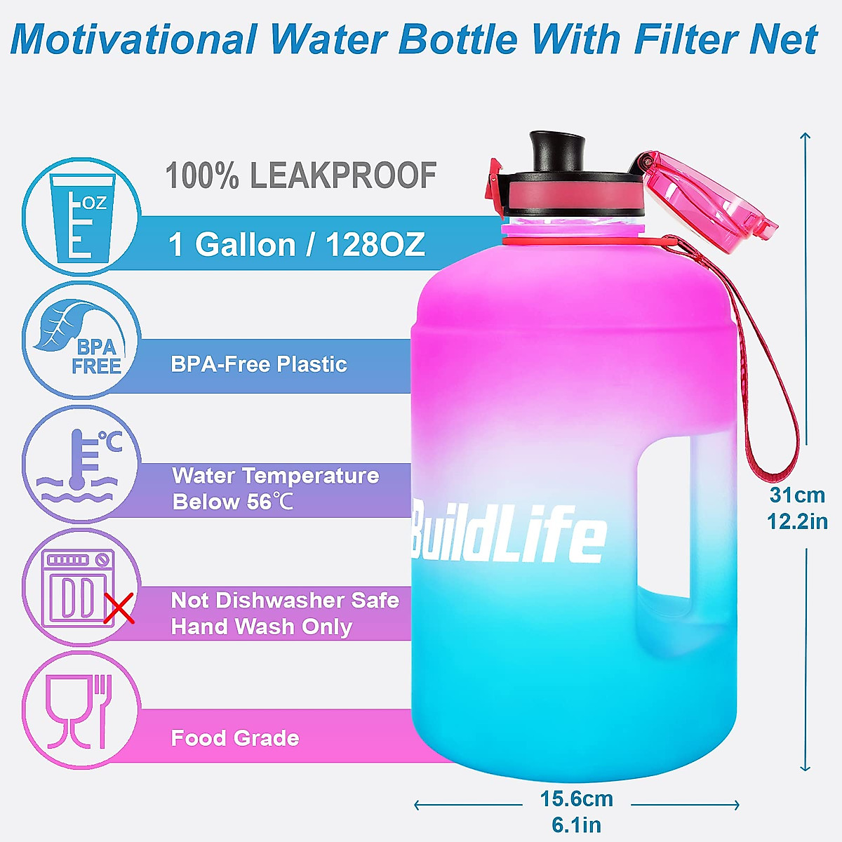 BuildLife Gallon Water Bottles with Times to Drink - Gallon Water Jug - 1 Gallon Water Bottle–128 oz Water Bottle,One Gallon Water Bottle with Time Marke for Gym(Pink Blue)