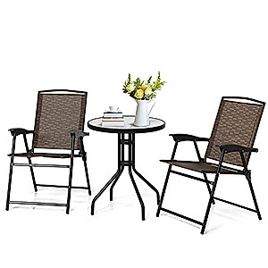 Tangkula 3 Pieces Patio Bistro Set, Outdoor Folding Chairs & Table Set with Tempered Glass Tabletop, Round Table & 2 Foldable Chairs, Small Outdoor Furniture Set for Garden, Poolside & Backyard