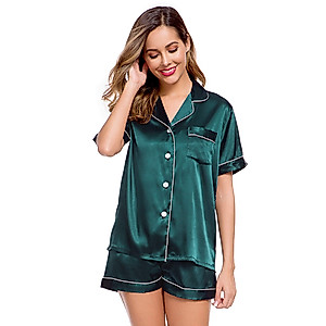 LecGee Womens Silk Satin Pajamas Short Sleeve Loungewear Two-Piece Sleepwear Button-Down Pj Set