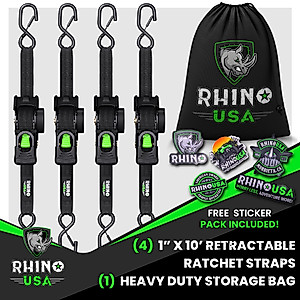 Rhino USA Retractable Ratchet Tie Down Straps (4PK) - 1,209lb Max Break Strength, includes (4) Ultimate 1" x 10' Autoretract Tie Downs with Padded Handles. Use for Boat, Securing Cargo