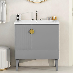 PIETFIU 30" Bathroom Vanity with Sink Combo, Freestanding Bathroom Cabinet with Door and Drawers, Solid Frame,GoldenMetal Handle (Grey, 30 Inch)
