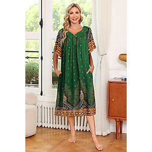 Ekouaer Womens Nightgown Short Sleeve House Dress with Pockets-Floral Print Mumu Dress Green Feather, 3X-Large