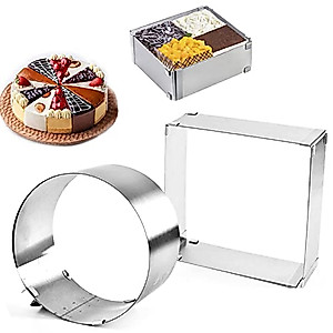 CdyBox 6 to 12 Inch Adjustable Mousse Cake Molds Round and Square Cake Ring Set Tool Stainless Steel Cake Ring 2 Pieces