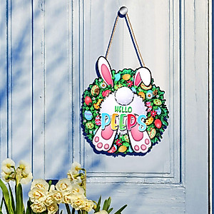 Jetec Happy Easter Wooden Hanging Sign Wreath Bunny Tail Door Sign Welcome Spring Wooden Plaque Wreath Rustic Wall Sign Yard Indoor Outdoor Garden Decoration with Rope, 10.5 x 9.5 Inch