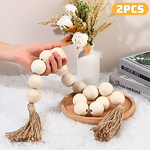 2 Pcs Large Wood Bead Garland with 1.57" Diameter Wood Beads and Tassel, Decorative Beads Boho Home Decor 40'' Long Oversized Wooden Beads Garland Table Decoration for Tiered Tray Wall (White)