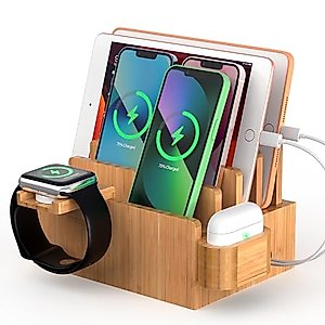 Pezin & Hulin Bamboo Charging Station Organizer for Multiple Devices, Desktop Docking Stations Holder for Cell Phone, Tablet, SmartWatch & Earbuds Stand (Included 5 Cables) (No USB Charger)