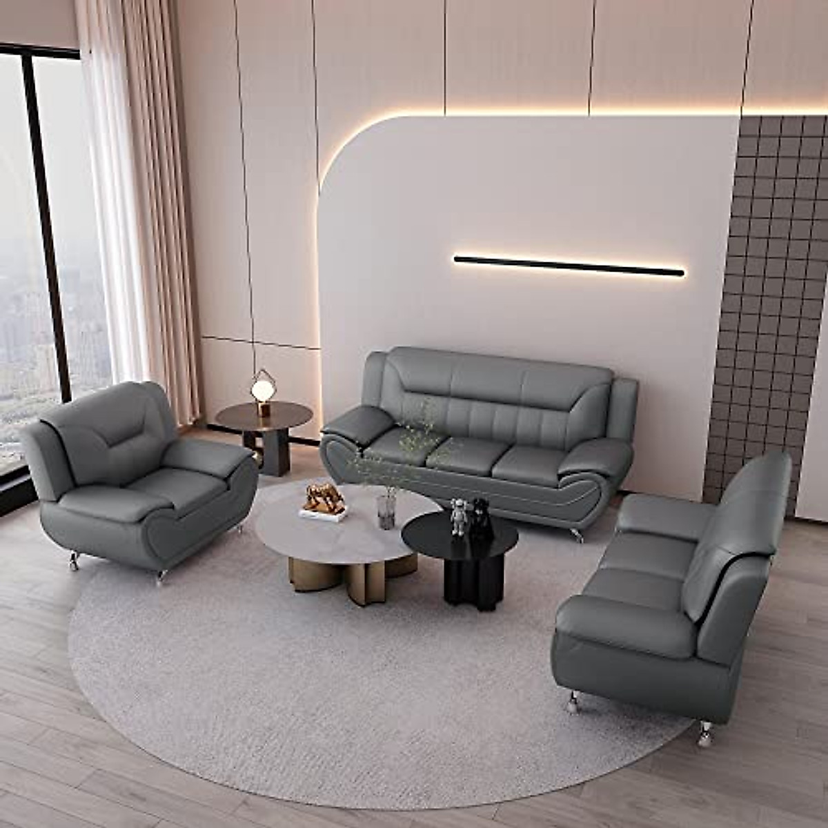 Container Furniture Direct Michael Modern Faux Leather Upholstered Stainless Steel Legs Living Room Loveseat, Gray