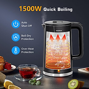 Aigostar Electric Kettle, 1.7L Double Wall 304 Stainless Steel Interior Hot Water Boiler Heater, Cool Touch Electric Tea Kettle, 1500W Fast Boiling, Auto Shut-Off, Boil Dry Protection, BPA-Free, Black