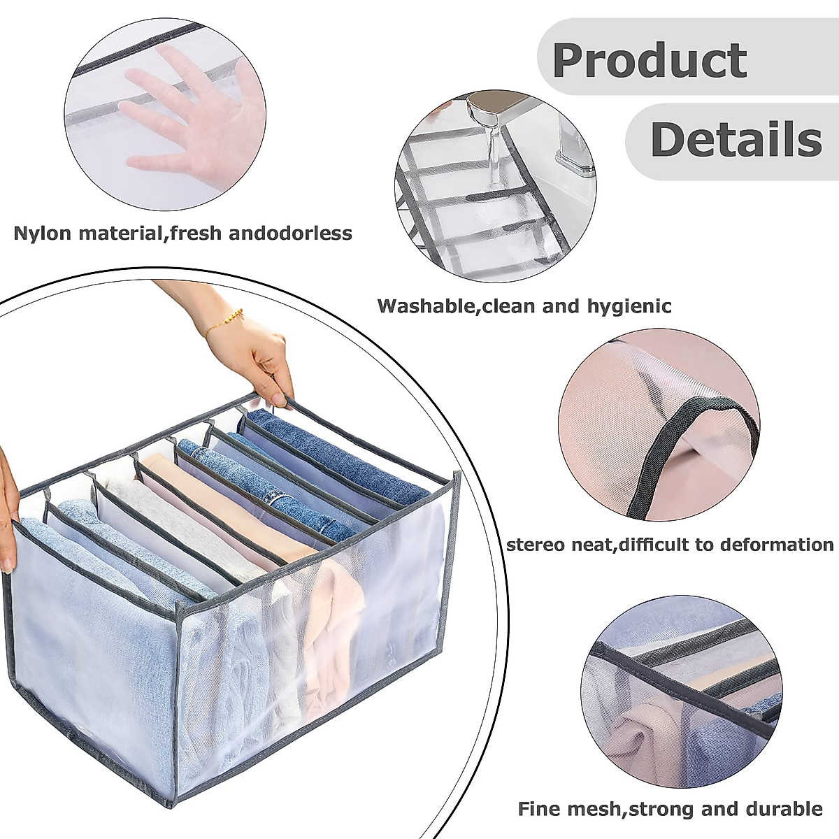 Topcci 7 Grids Wardrobe Clothes Organizer, Clothes Organizer for Folded Clothes, Drawer Organizers Clothes, Visualization Compartment Storage Box for Thin Jeans, Pants, T-shirts, Leggings, Gray, 3PCS