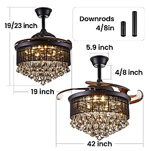 42 inch Retractable Crystal Ceiling Fan with Lights and Remote Dimmable Fandeliers Ceiling Fan 6 Speed Chandelier Fan with Light Memory Retractable Blades for Bedroom Living Room Forward and Reverse