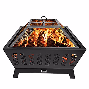 LDCHNH Outdoor Patio Wood Fire 4-Corner Pits 26 Inch Heater Stove with Flame-Retardant Spark Guard Black