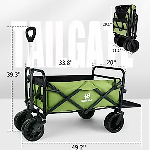 Whitsunday Collapsible Folding Garden Outdoor Park Utility Wagon Picnic Camping Cart with 8“ Bearing Fat Wheel and Brake (Standard Size(Plus+) 8" Wheels with Tailgate (Green Black)
