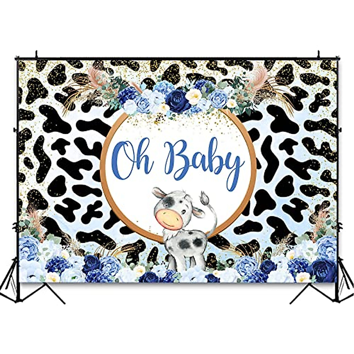 Avezano Milk Cows Baby Shower Backdrop Oh Baby Sign Baby Shower Party Decorations Blue Cow Stripes Floral Backdrops Cake Table Banners Boys Photography Backdground (7x5ft)