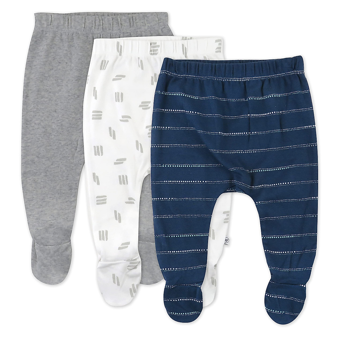 HonestBaby Baby 3-Pack Organic Cotton Footed Harem Pants, Dotted Stripe Navy Blue, 0-3 Months