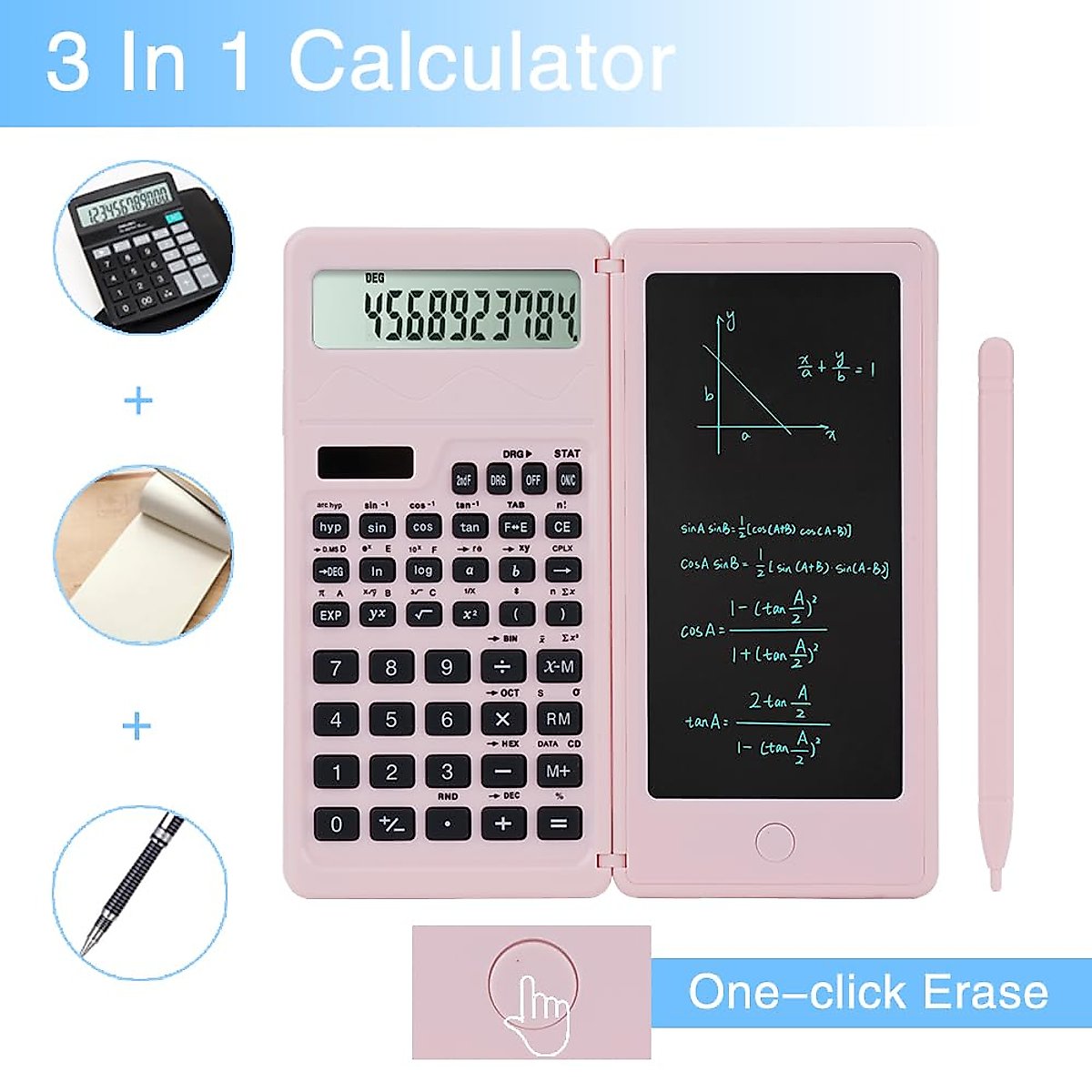 LveSunny Scientific Calculators for Middle School & High School, Solar and Battery Power with Notepad for School，10 Digits Digital with Erasable Writing Board Math Calculator (Pink)