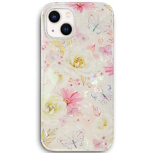 J.west iPhone 13 Case 6.1 inch,Luxury Sparkle Glitter Translucent Soft Clear Colorful Opal Pearly Thinfoil Design Shiny Floral Print Silicone Cover for Women Girls Slim TPU Protective Phone Case