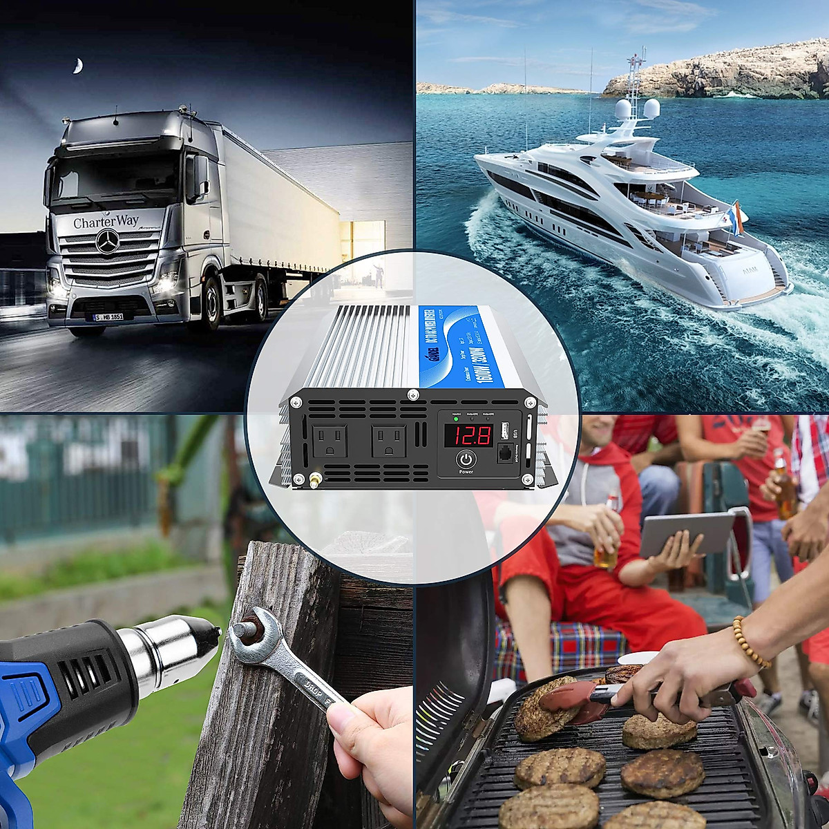 1600Watt Power Inverter Modified Wave DC 12volt to AC 120volt with Remote Control & LED Display and 2.4A USB Port for Trucks Boats RV & Emergency