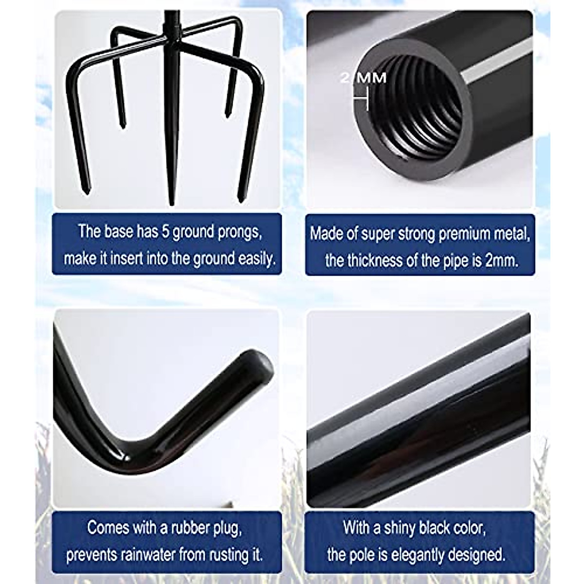 Eazielife Shepherds Hook for Outdoor Bird Feeders Pole 92 Inch Tall, Adjustable Heavy Duty Garden Hanger Stake Pole with 5 Prong Base, Shiny Black (2 Packs)