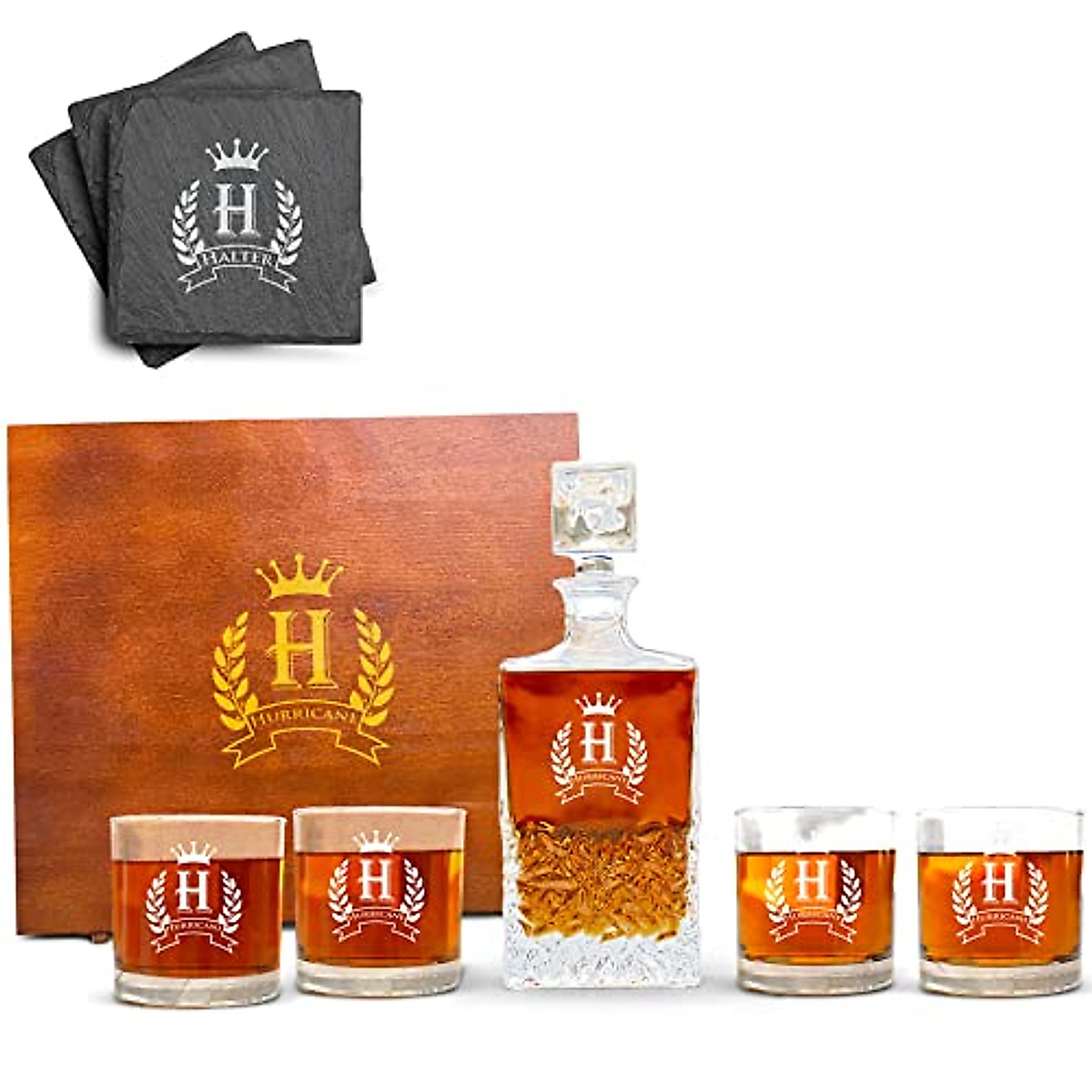Decanter Set For Men Personalized, Engraved Decanter Set With Glasses, Engraved Decanter Set, Personalized Decanter Set And Glasses With Beautiful Engraved Gray Coasters