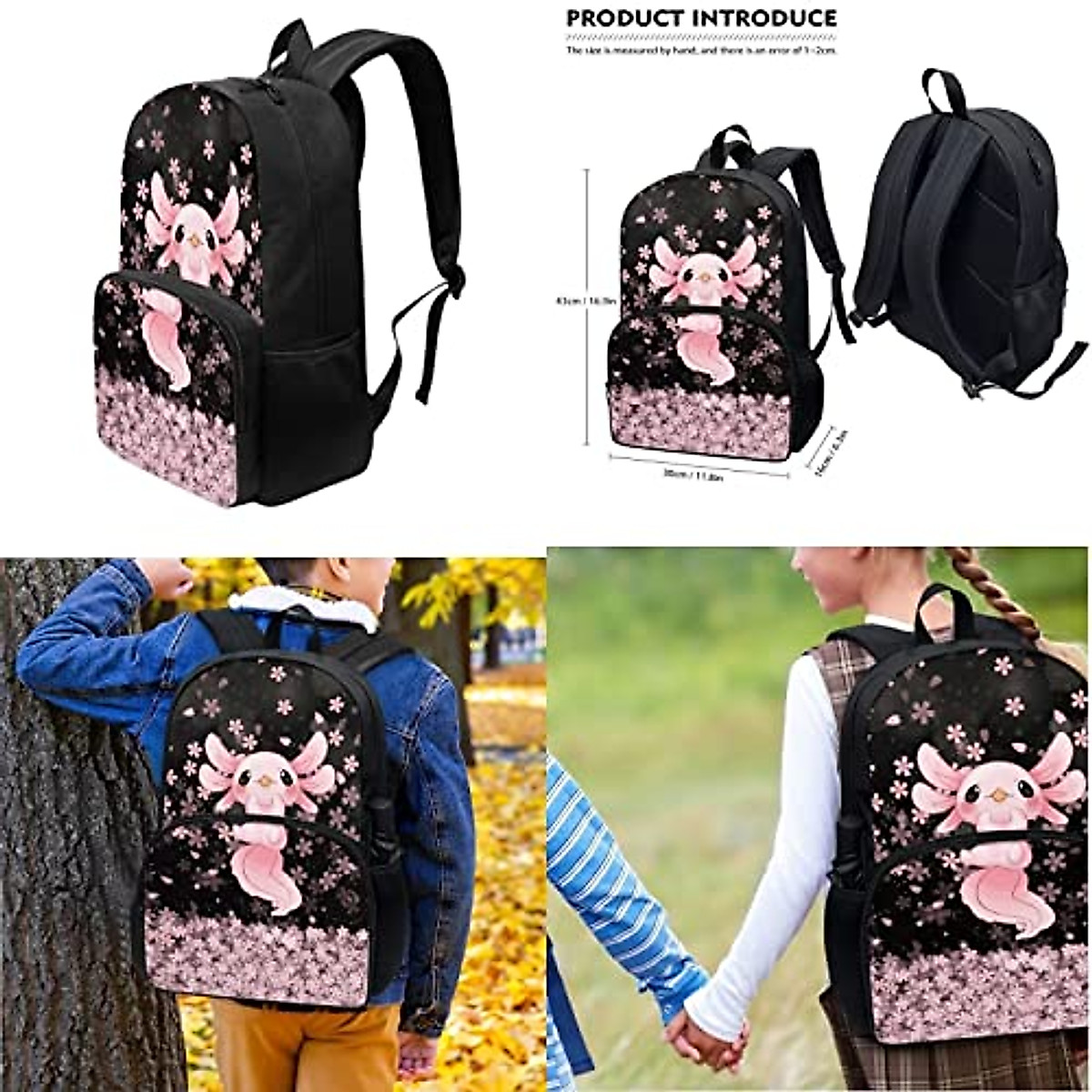 Glomenade Pink Axolotl Sakura School Backpacks Back to School Cherry Blossom Shoulder Bookbags Lightweight Casual Travel Daypack Picnic Bag Portable Schoolbags Pencil Pen Case